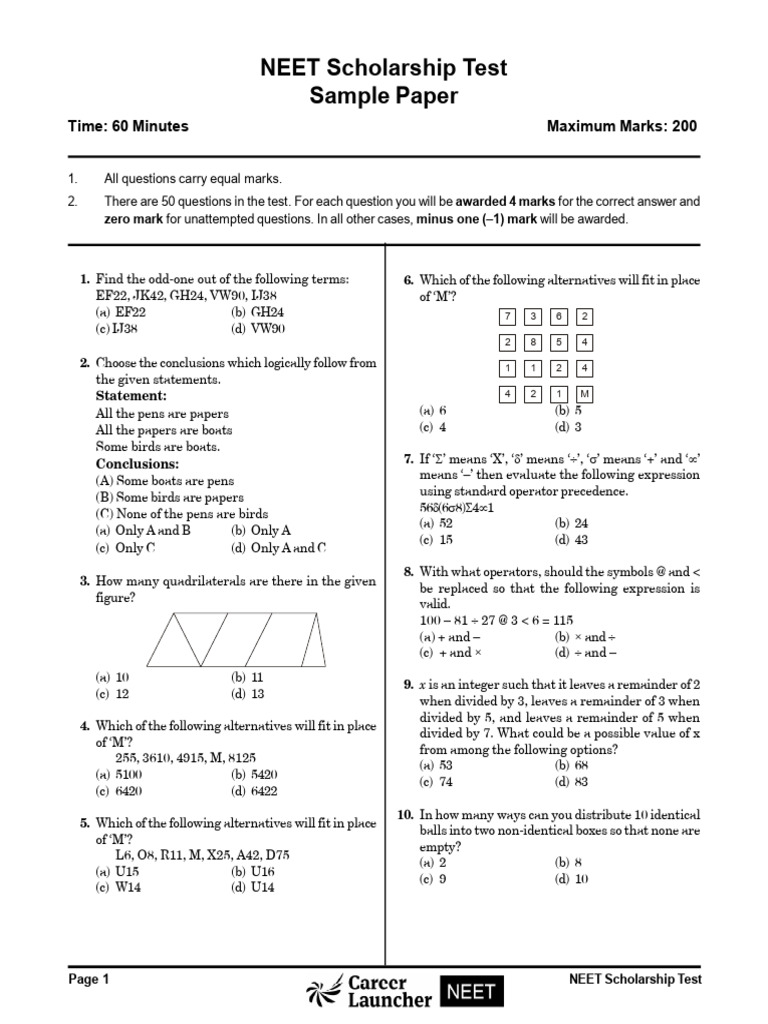 NEET Scholarship Test Sample Paper | PDF | Logic