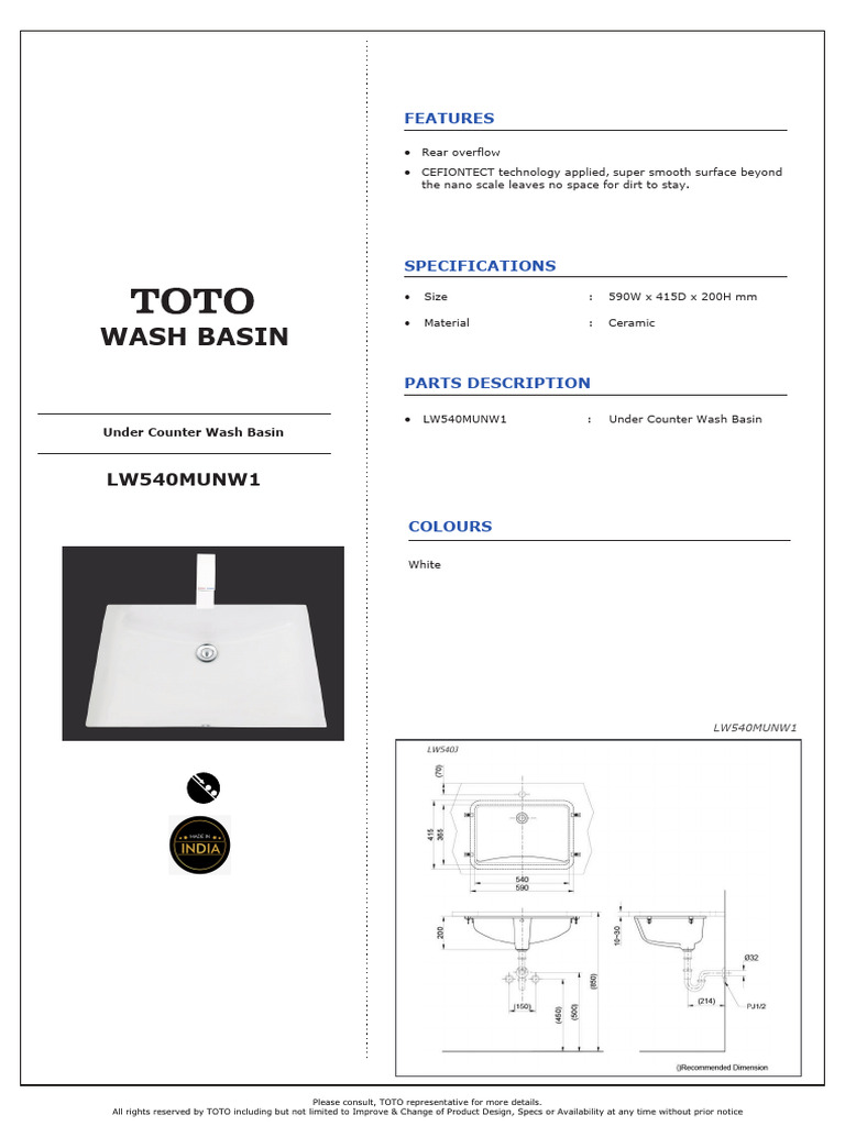 TOTO LW540MUNW1 Under Counter Basin | PDF