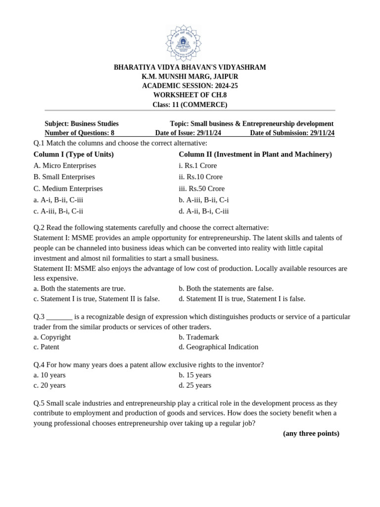 Worksheet Ch.8 Class 11 B.ST | PDF | Business | Economies