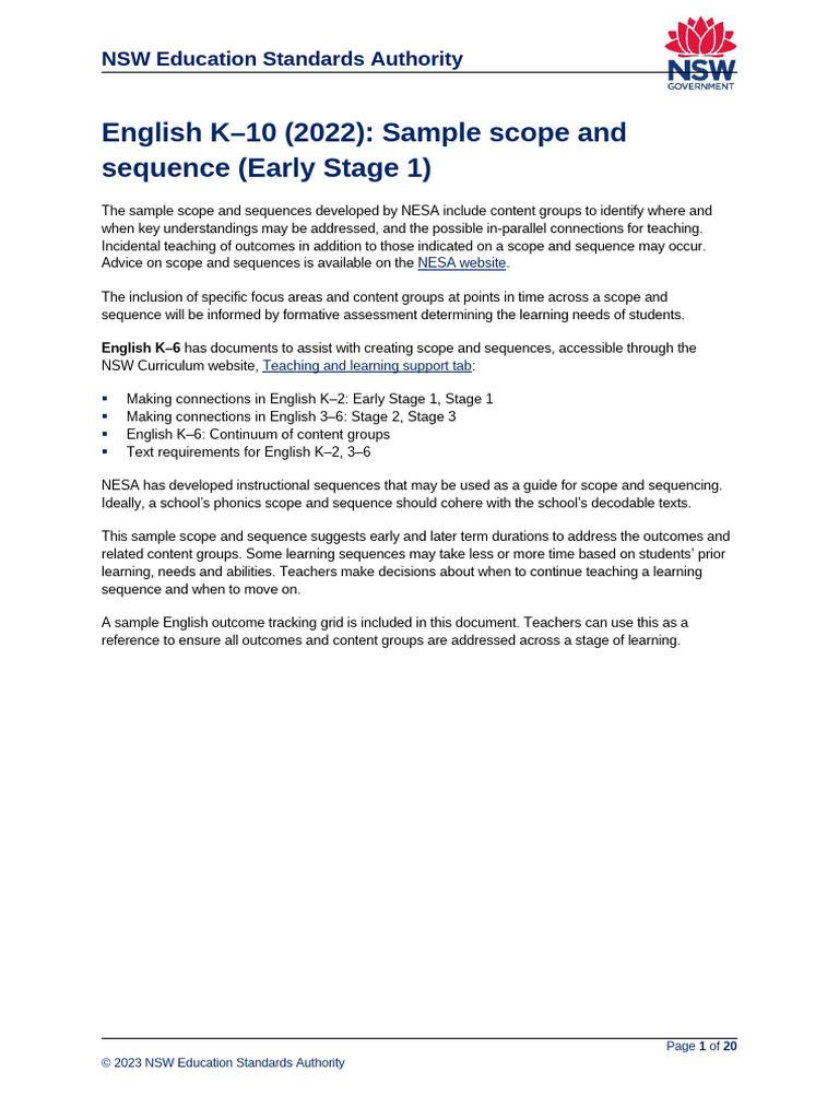 NSW English K–10 Sample Scope & Sequence | PDF | Reading Comprehension ...