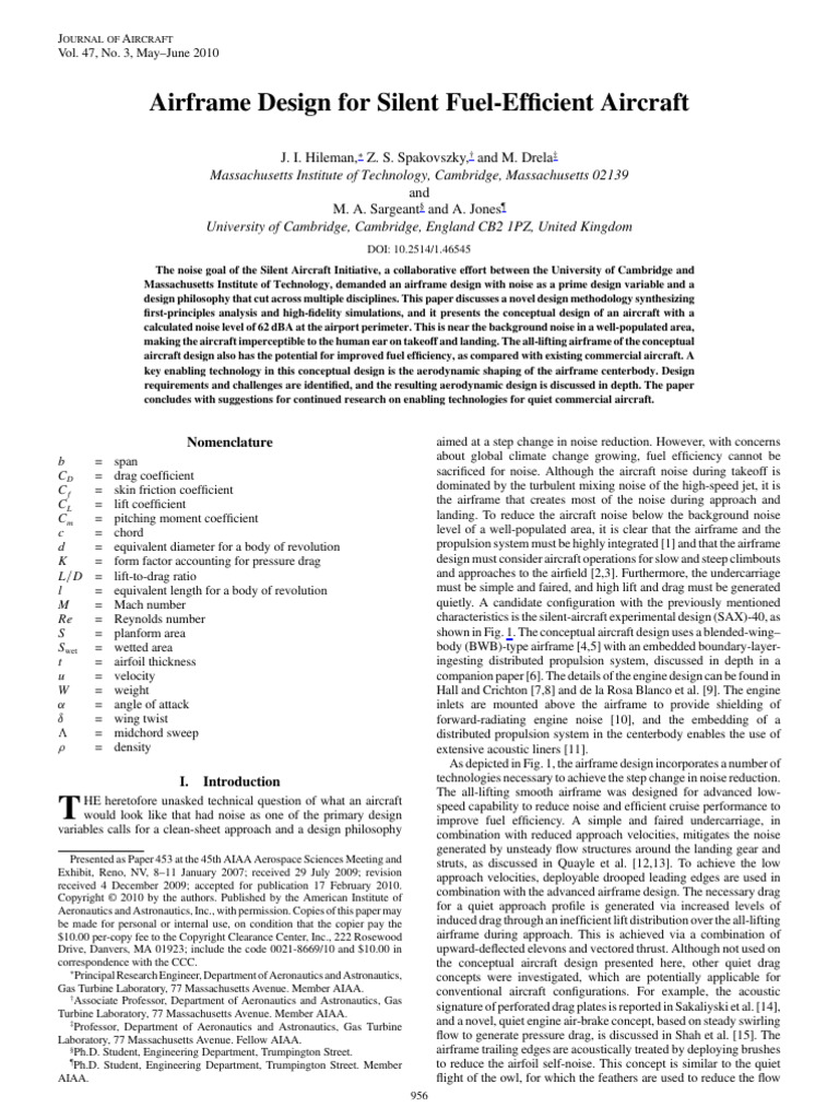 Airframe Design for Silent Fuel-efficient Aircraft | PDF | Drag ...