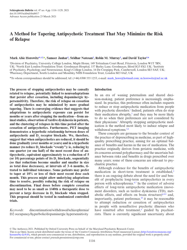 A Method for Tapering Antipsychotic Treatment That May Minimize the ...
