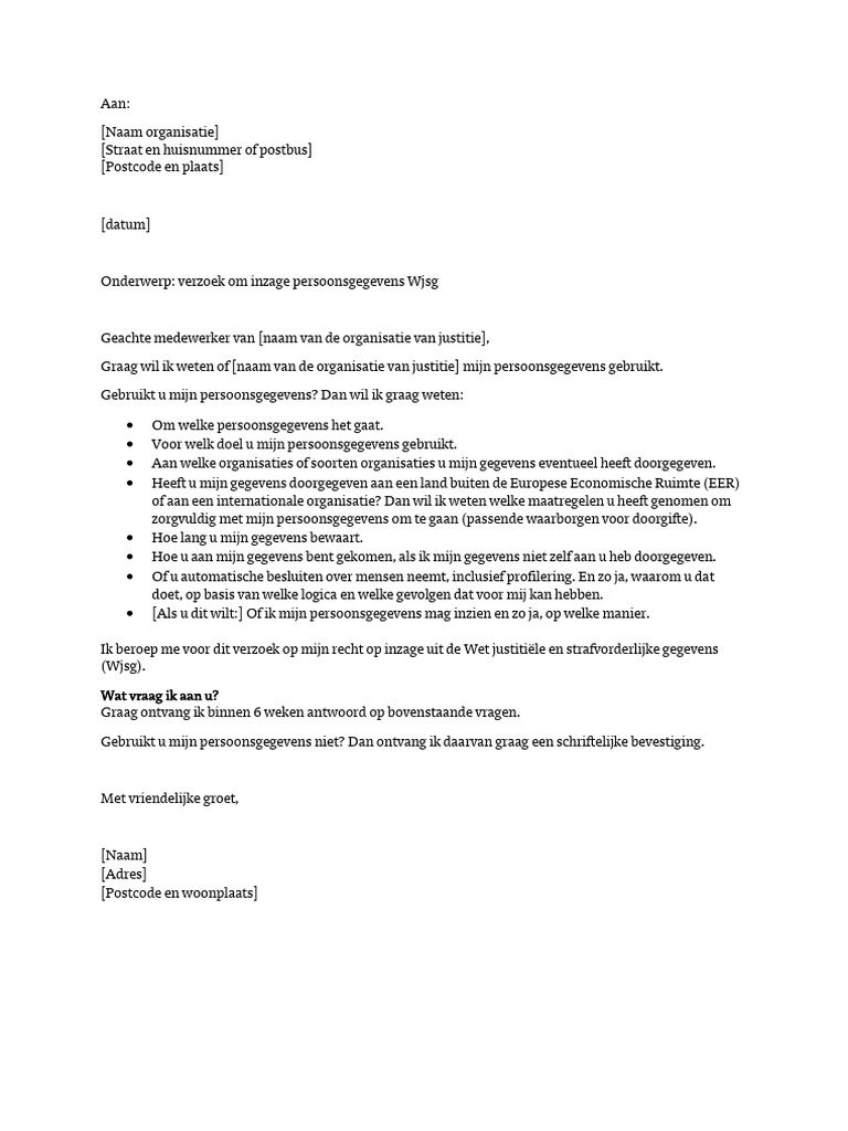 Voorbeeldbrief Inzage Justitie | PDF