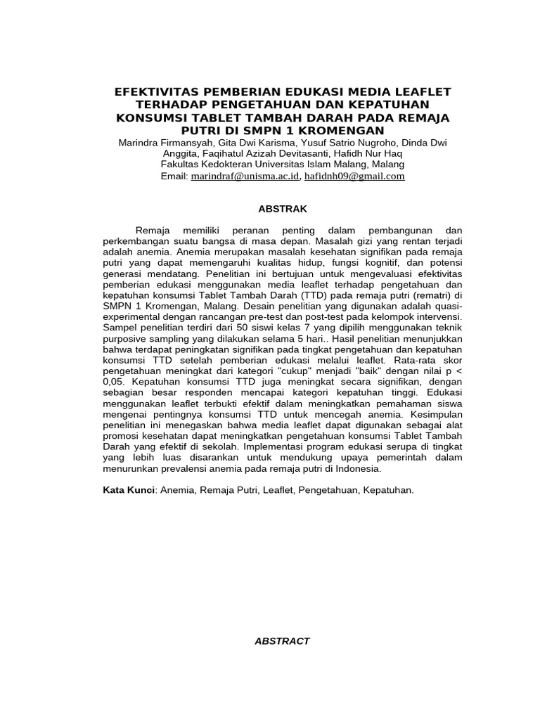 Jurnal - EFEKTIVITAS PEMBERIAN EDUKASI MEDIA LEAFLET TERHADAP PENGETAHUAN DAN KEPATUHAN KONSUMSI ...