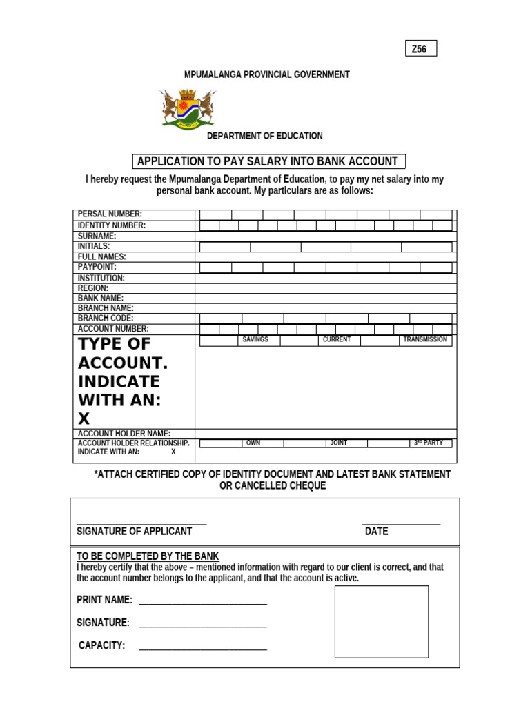 Z56 Bank Form for Salary Payment | PDF
