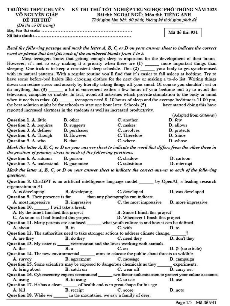 De Thi Thu Tieng Anh 2023 Chuyen Vo Nguyen Giap 1 | PDF