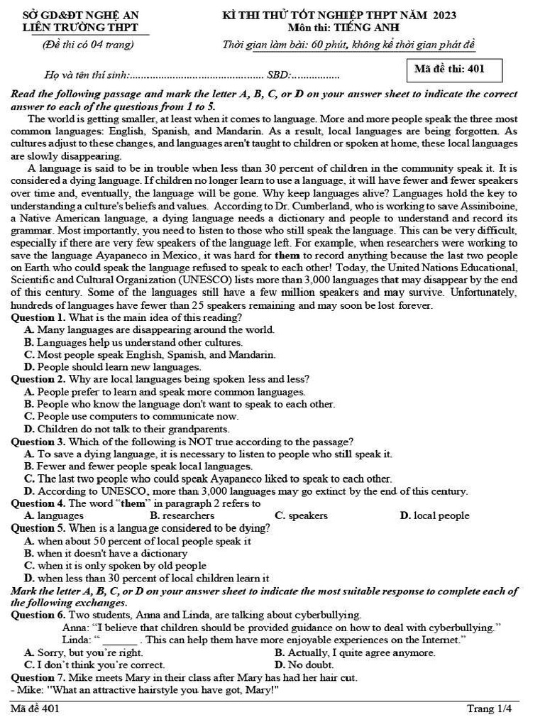 de-thi-thu-tieng-anh-2023-co-dap-an-lien-truong-nghe-an-lan-2-1 | PDF