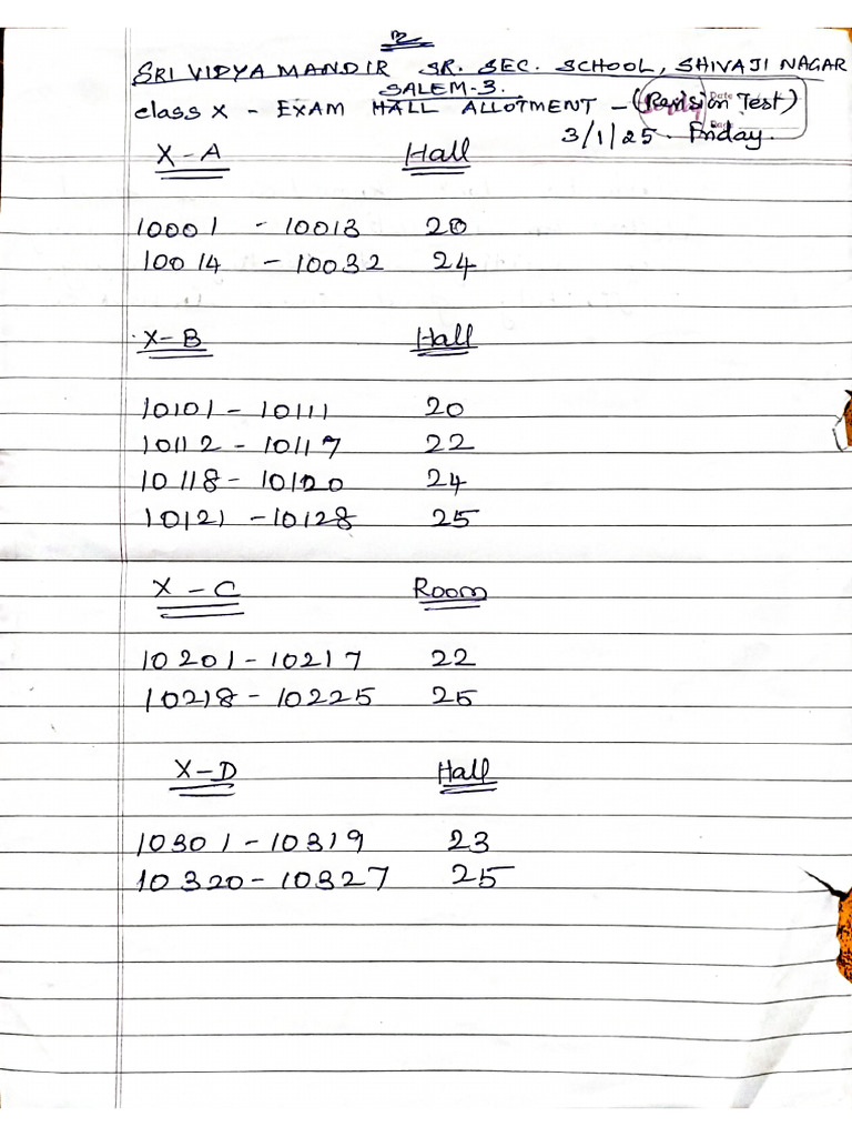 Exam Hall Plan (3 - 1 - 25 Friday) | PDF