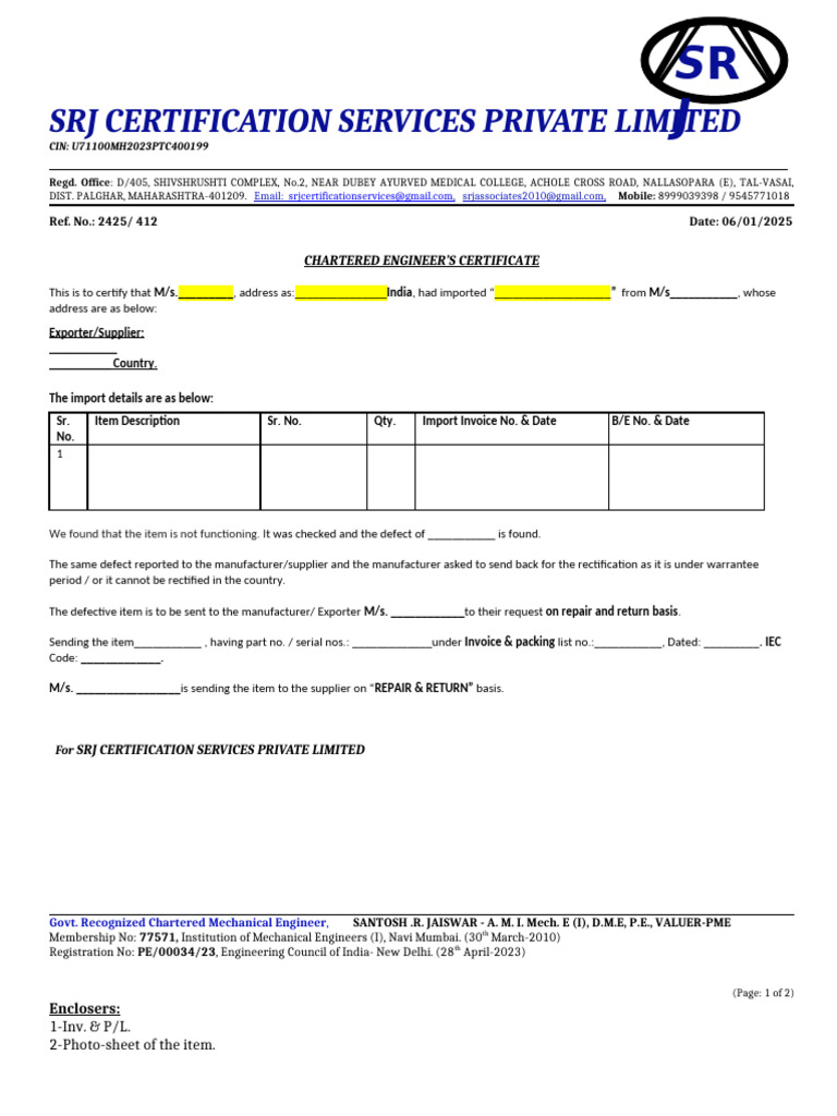 412-Format For Repair & Retun CEC | PDF