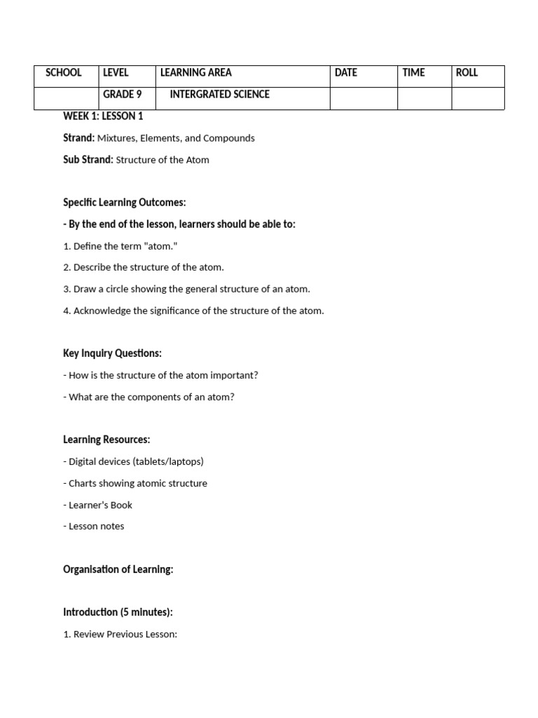 Grade 9 Rationalized Integrated Science Lesson Plans Term 1 | PDF ...