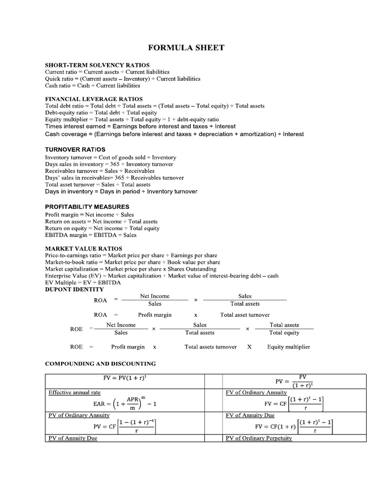 CF Formula Sheet | PDF