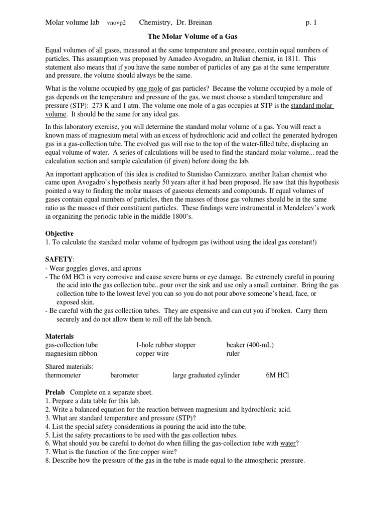 Standard Molar Volume of Hydrogen Lab | PDF | Gases | Mole (Unit)