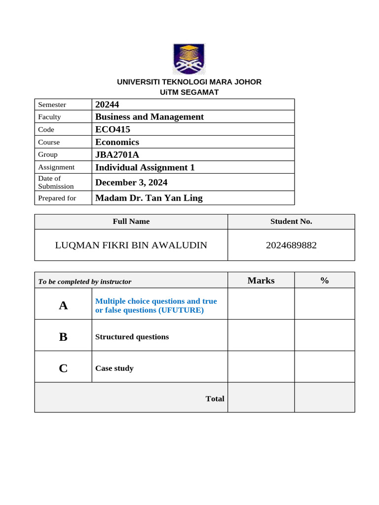 UiTM Segamat Economics Assignment 2024 | PDF
