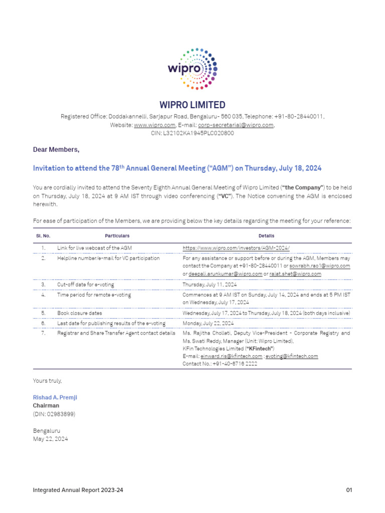 Wipro 78th AGM Invitation and Details | PDF | Stocks | Board Of Directors
