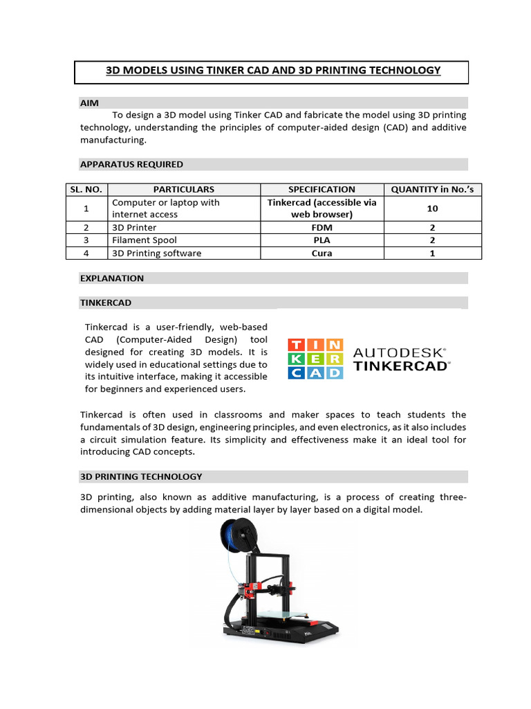 Tinkercad 3D Model Design and Printing | PDF | 3 D Printing | Secondary ...