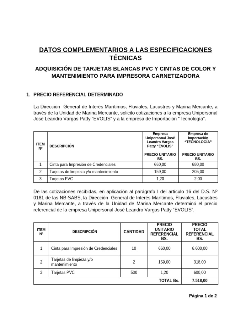 1 Datos Complementarios A Las Especificaciones Tecnicas Tarjetas PVC | PDF