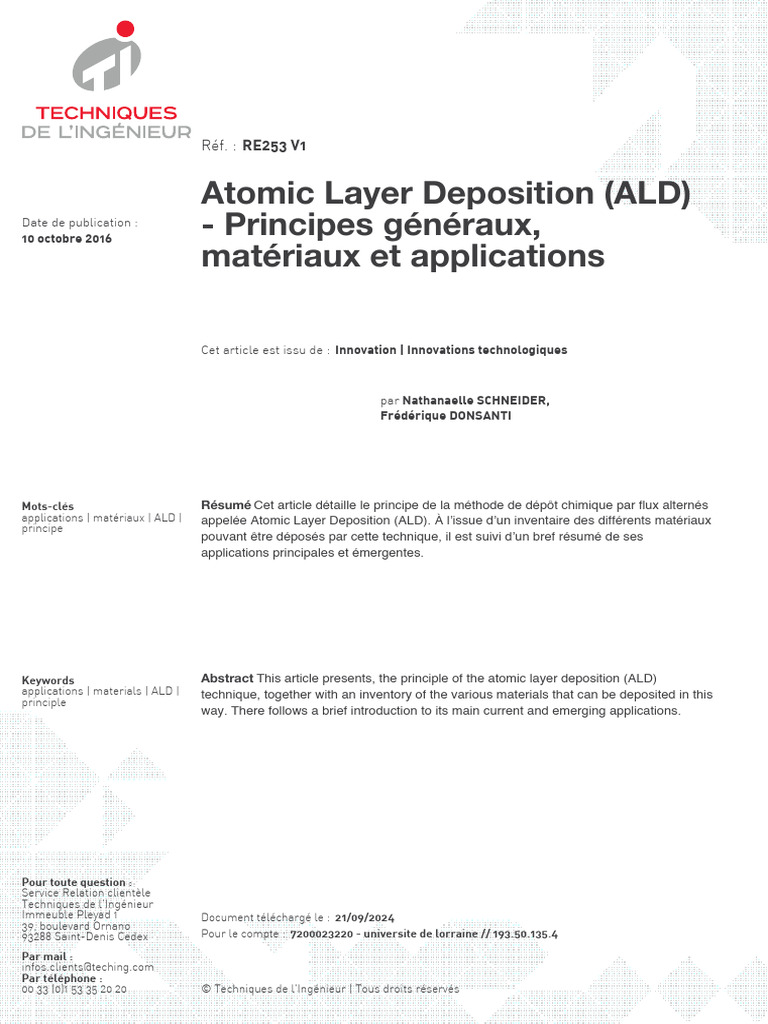 ALD : Principes, Matériaux et Applications | PDF | Adsorption | Chimie