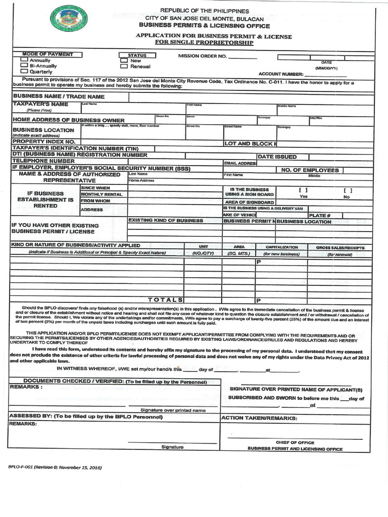 BPLO F 001 Application - Single Proprietorship FIRST PAGE | PDF