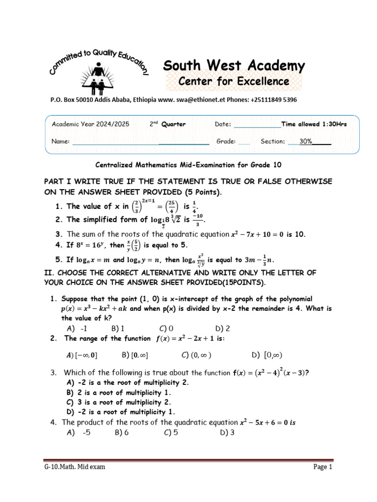 Grade 10 Mathematics Mid-Exam 2024 | PDF | Square Root | Zero Of A Function