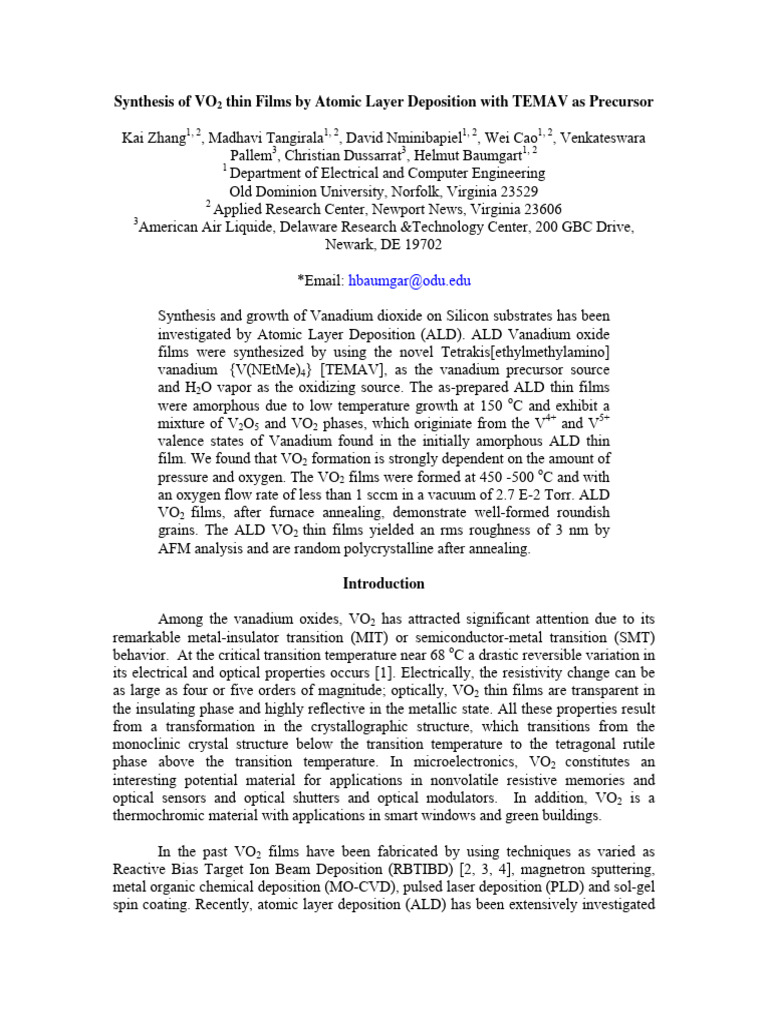 Synthesis of VO2 Thin Films by Atomic Layer Deposition With TEMAV As ...