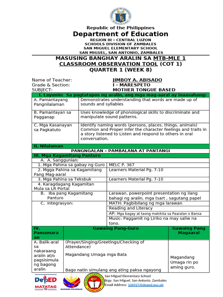Cot Q1 - MTB 1 | PDF