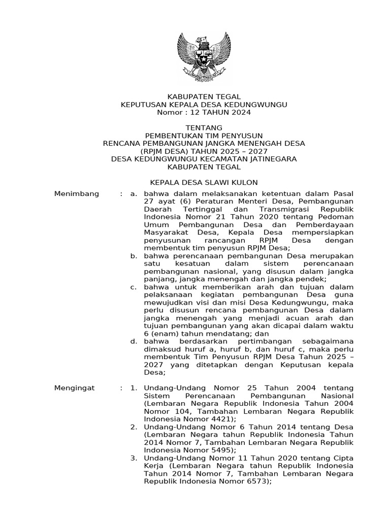 SK Tim Penyusun RPJM Desa | PDF