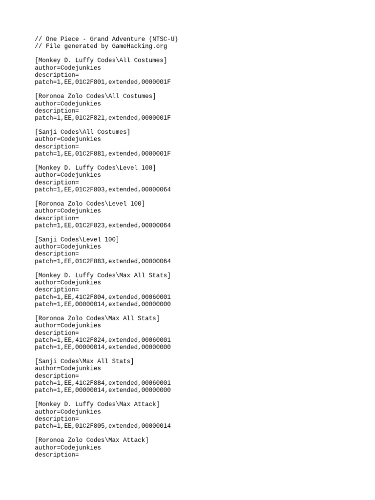 One Piece Grand Adventure Cheat Codes | PDF