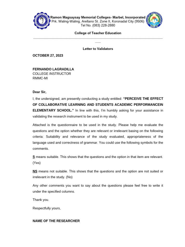 Letter For Validation 3 1 | PDF | Learning | Questionnaire