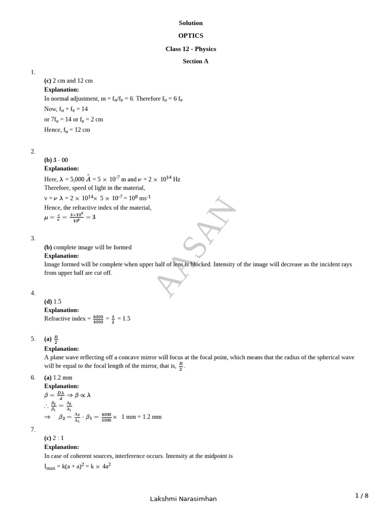 Optics Soln | PDF | Diffraction | Wavelength