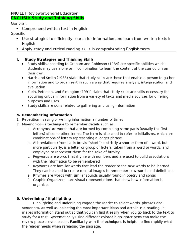 Pnu Gened Reviewer | PDF | Adverb | Study Skills