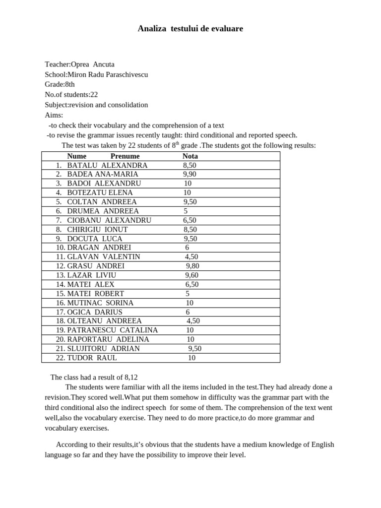 8th Grade English Test Analysis | PDF