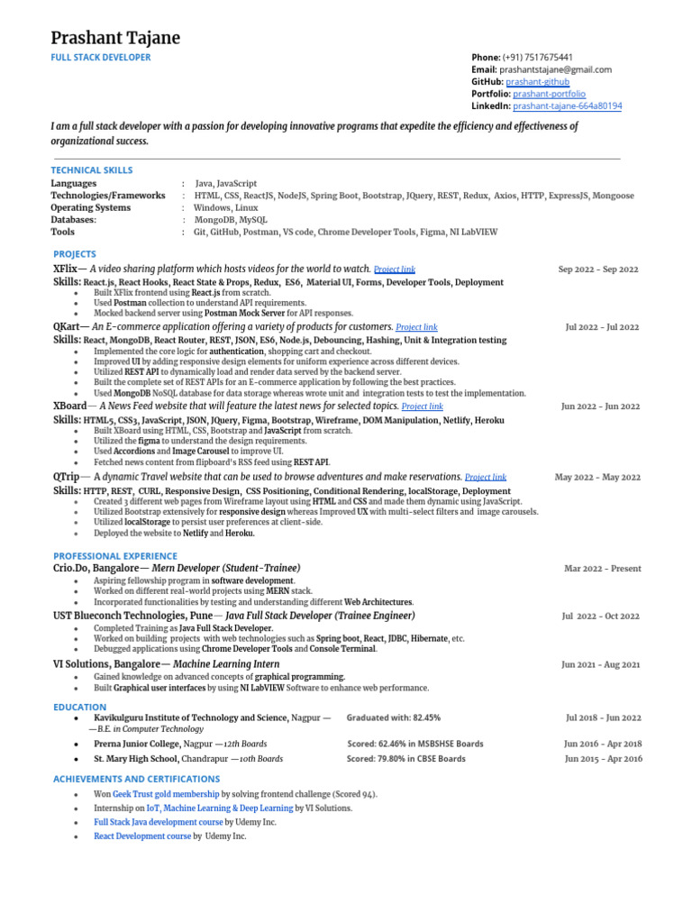 Prashant - Resume - Prashant Tajane | PDF | World Wide Web | Internet & Web