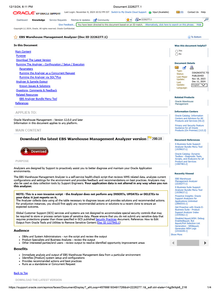 EBS Warehouse Management Analyzer (Doc ID 2226277 1) | PDF | Sql | World Wide Web