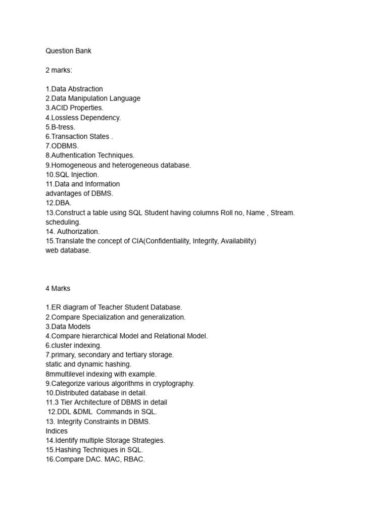 Question Bank Dbms | PDF