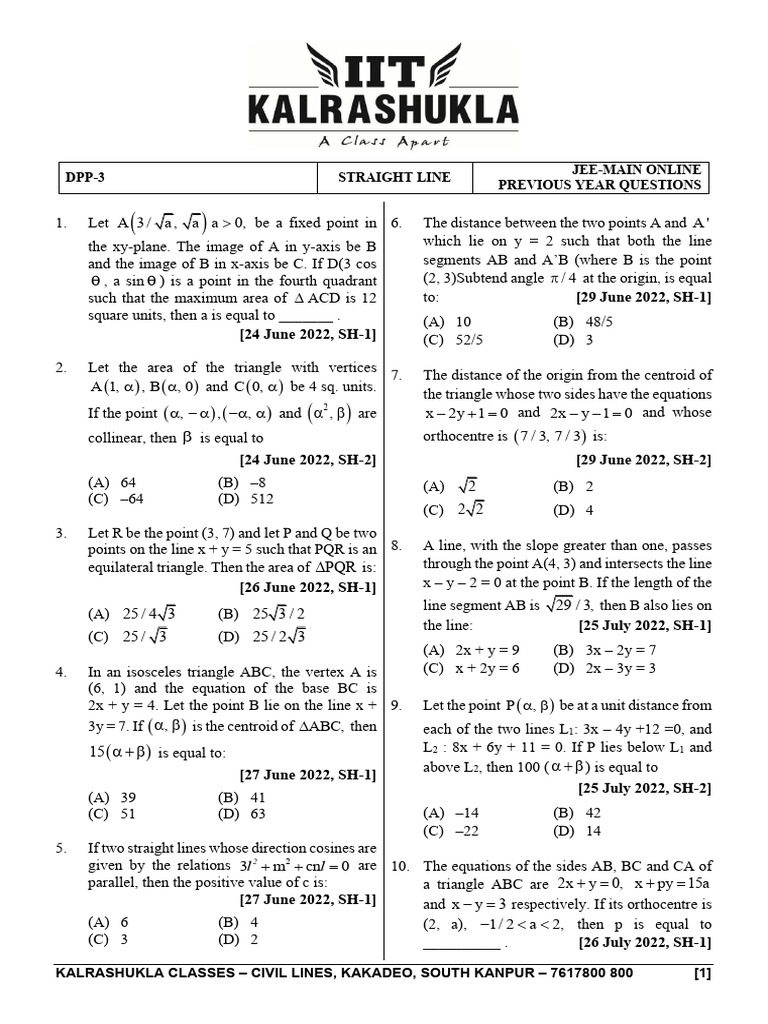 DPP-3 (Straight Lines) JEE MAIN Online (2024-25) | PDF | Triangle | Geometric Shapes