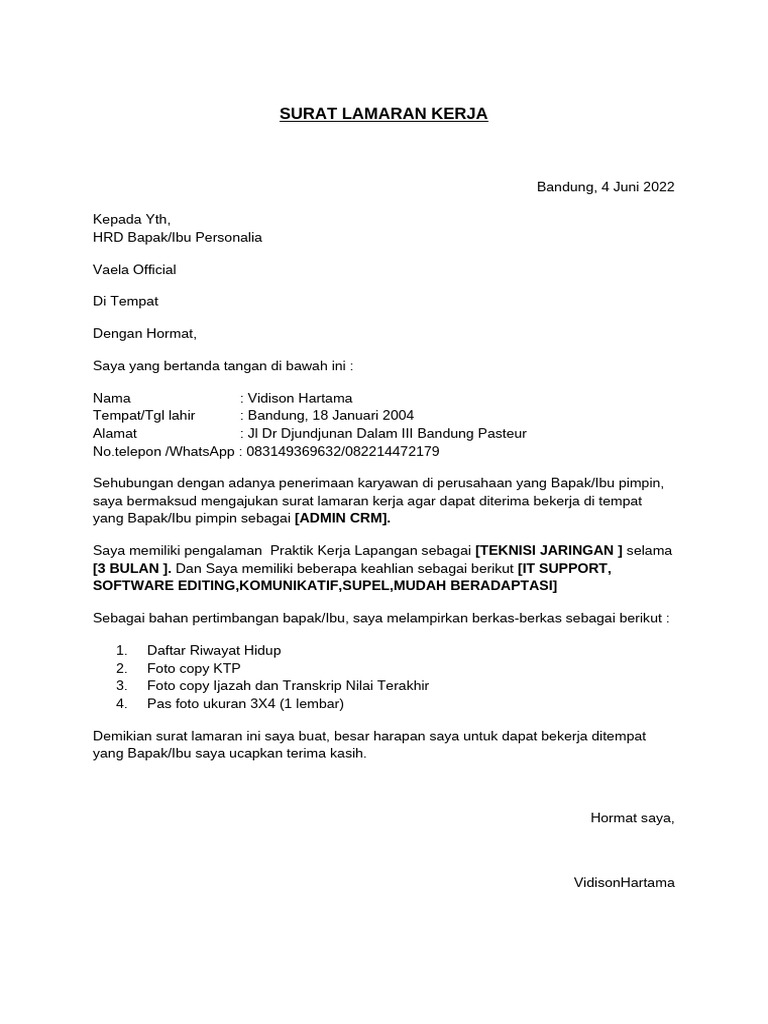 Surat Lamaran Kerja (Customer Service) Vaela Official | PDF