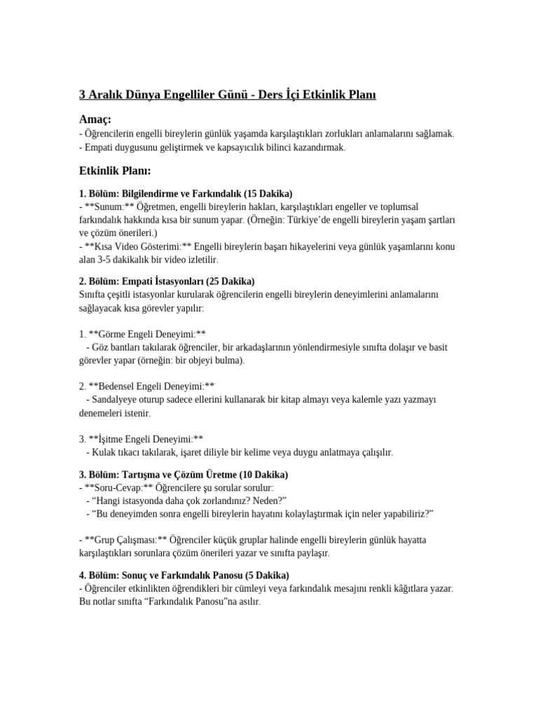 3 Aralik Dünya Engelli̇ler Günü Etki̇nli̇k Plani | PDF