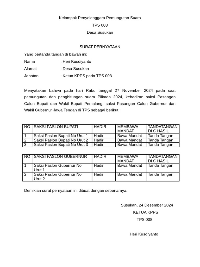 Surat Pernyataan KPPS TPS 008 | PDF
