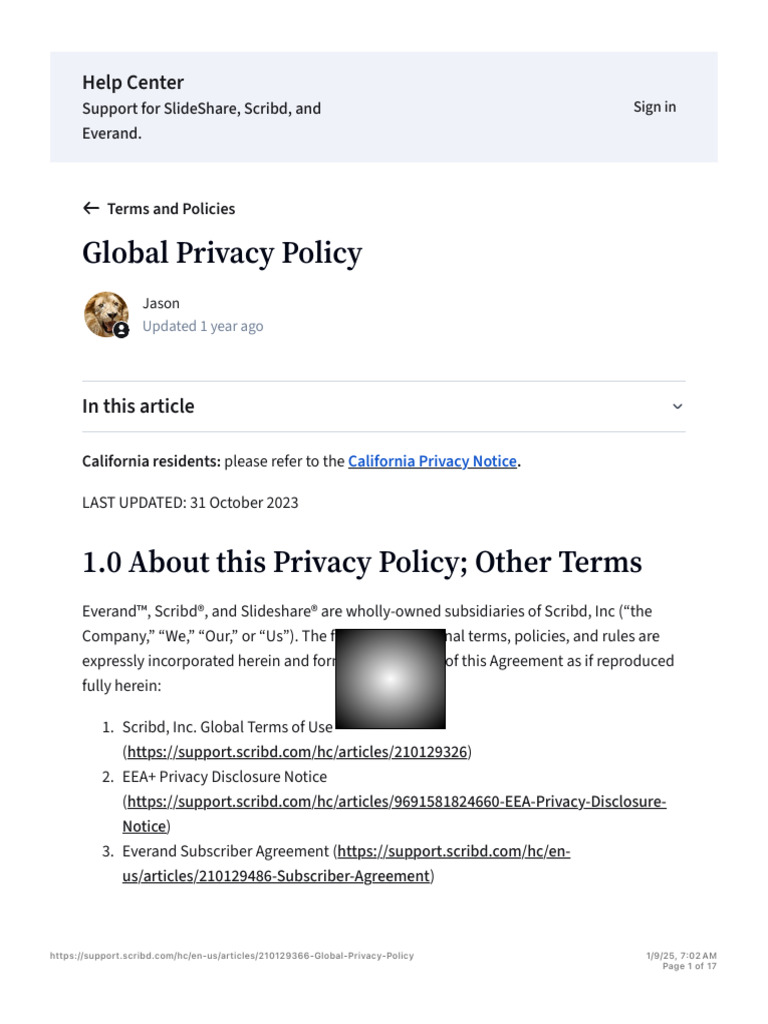 Global Privacy Policy - Scribd Help Center | PDF | Http Cookie | Privacy