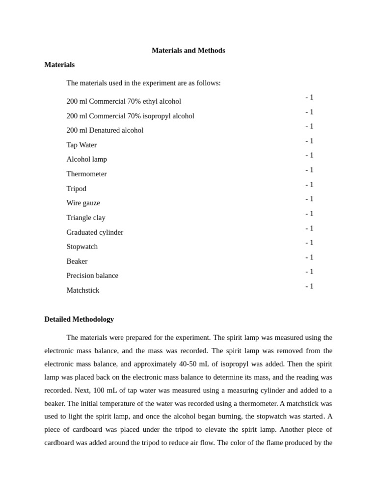 Chem Lab Report - Materials and Methodology | PDF | Ethanol | Thermometer