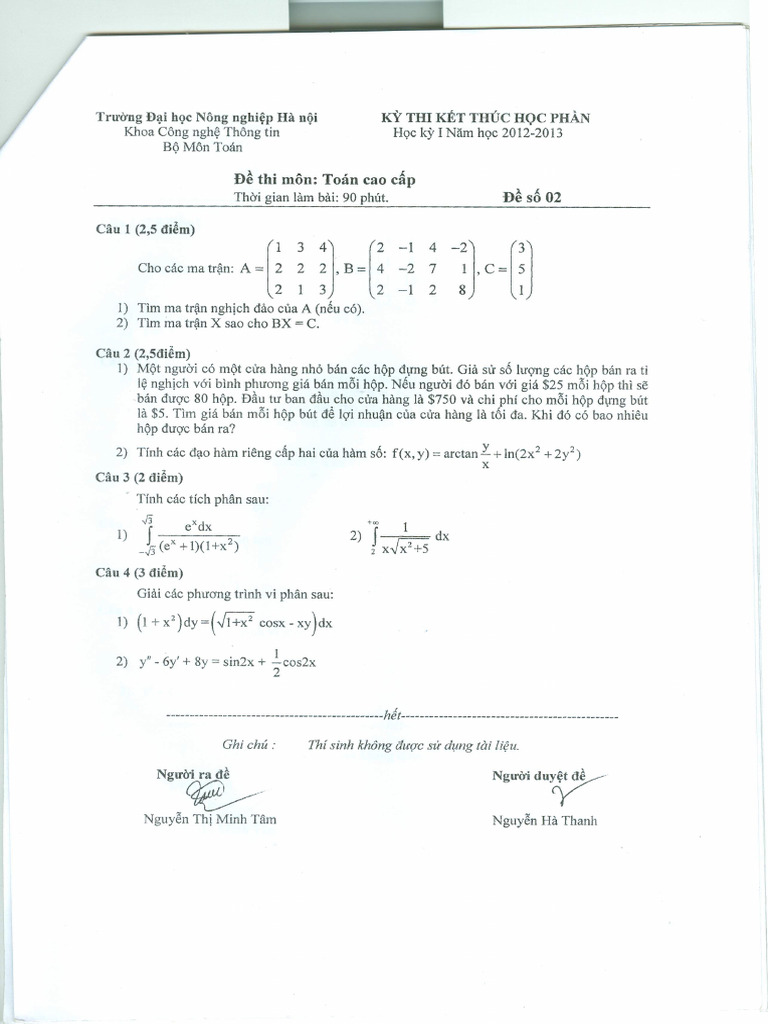 De Thi Toan Cao Cap 7de | PDF