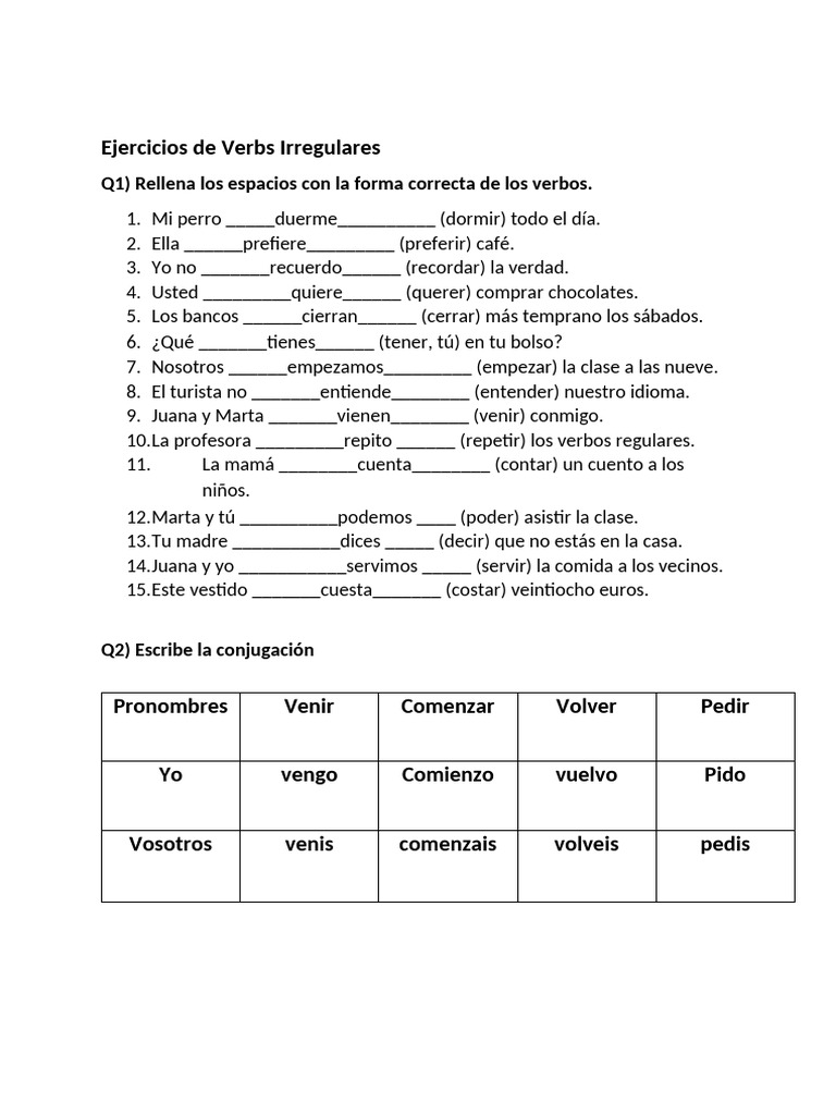 Los Verbs Irregulares Worksheet | PDF