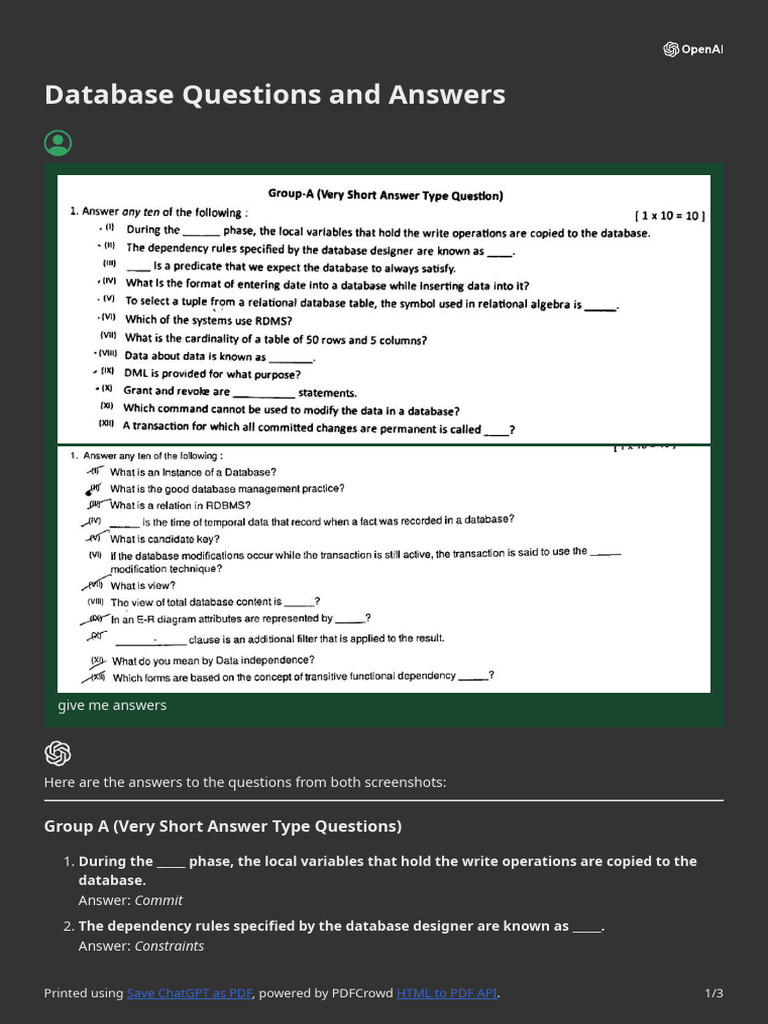 Database Questions and Answers | PDF | Relational Database | Databases