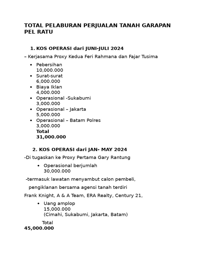 Total Pelaburan Perjualan Tanah Garapan Pel Ratu-27 Juli 2024 | PDF