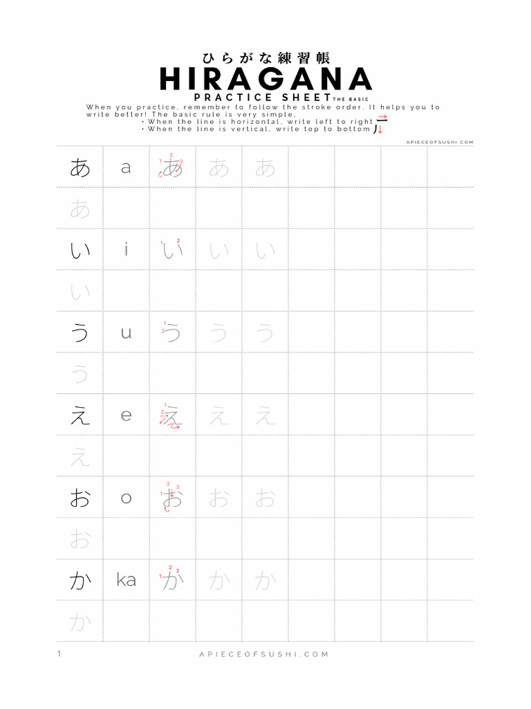 Hiragana Practice Sheet Workbook APIECEOFSUSHI Ver3 | PDF | Japanese ...