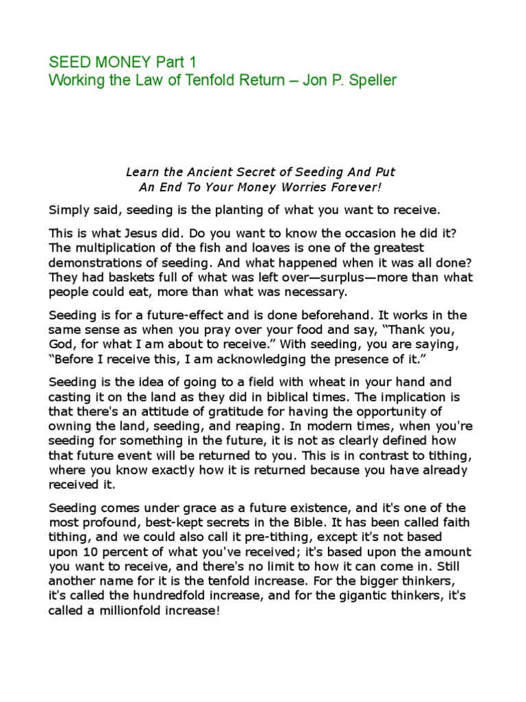 Seed Money Working The Law of The Tenfold - Jon P. Sellers | PDF ...