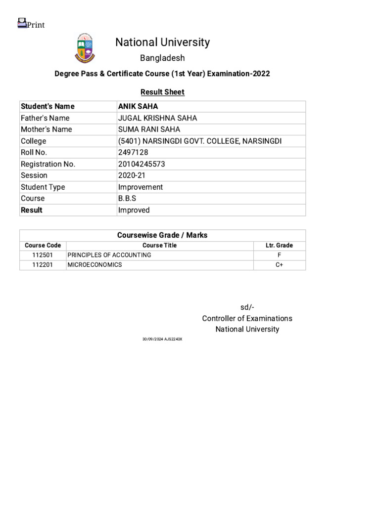 Exam Results for Anik Saha | PDF