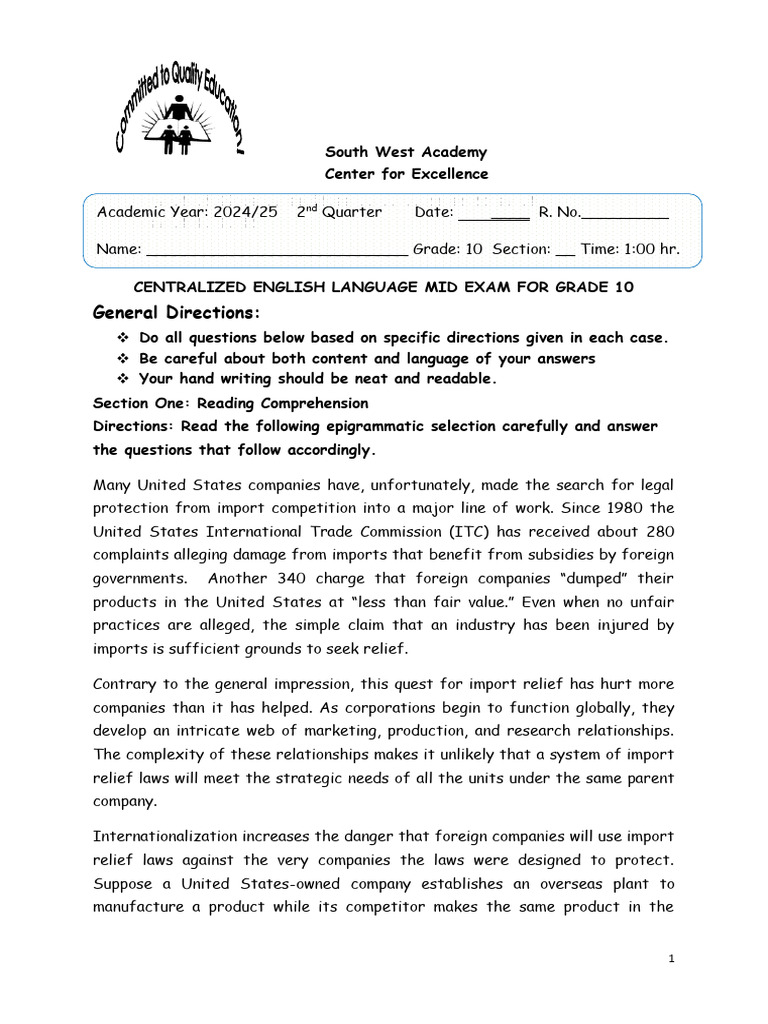 G10 Q2 Eng Mid Exam 2025 1 Pdf Dumping Pricing Policy
