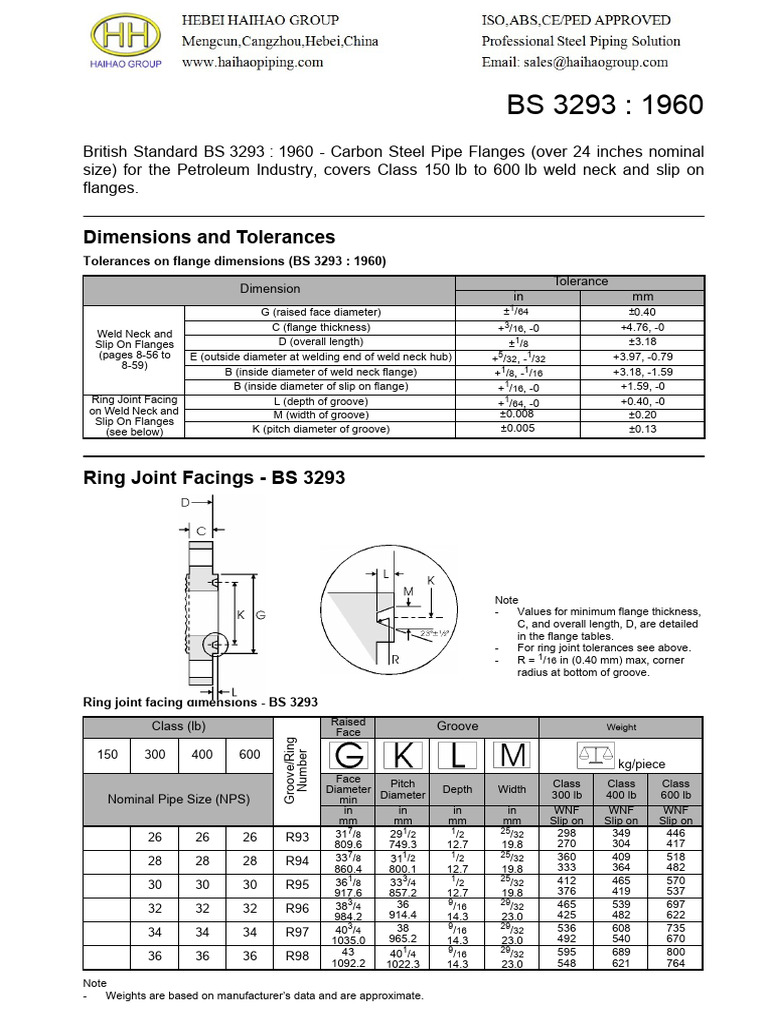 BS 3293 Flange Dimensions Overview | PDF | Pipe (Fluid Conveyance ...