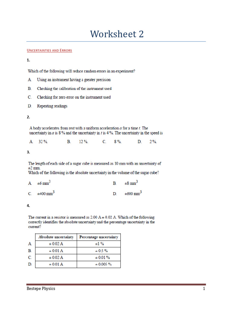 worksheet for Uncertainties and Errors | PDF